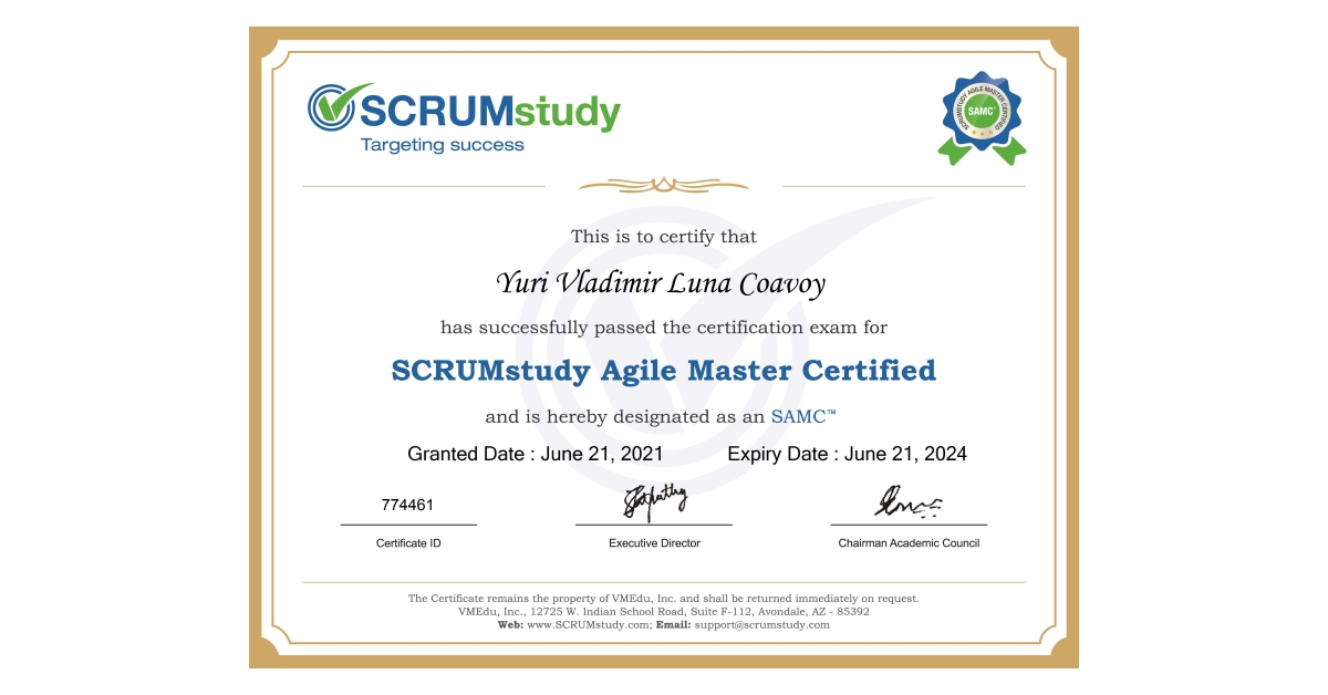 I passed the Scrum Agile Master Certified certification exam!