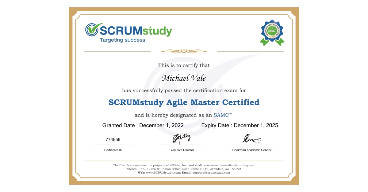 I passed the Scrum Agile Master Certified certification exam! I passed the Scrum Agile Master Certified certification exam!