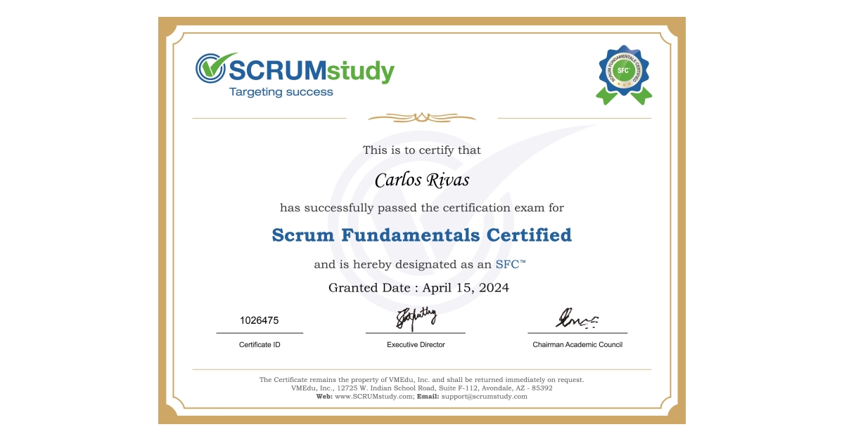 I passed the Scrum Fundamentals Certified certification exam!