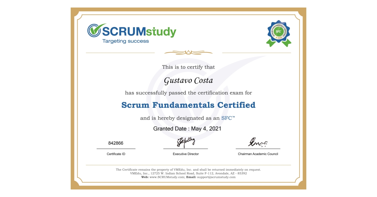 I passed the Scrum Fundamentals Certified certification exam!
