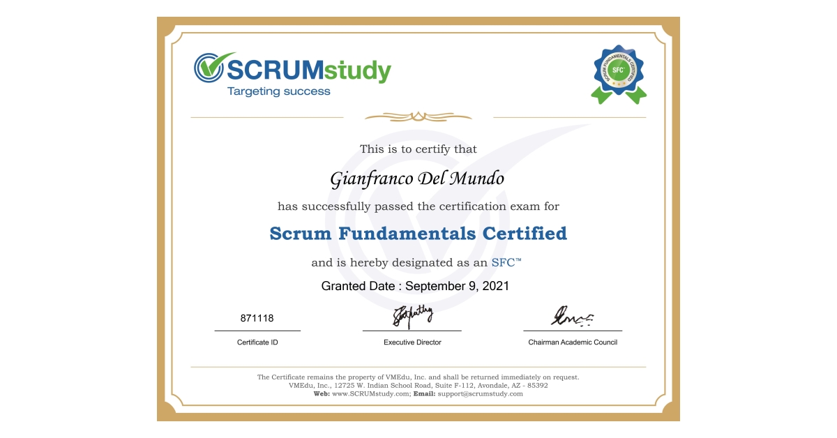 I passed the Scrum Fundamentals Certified certification exam!