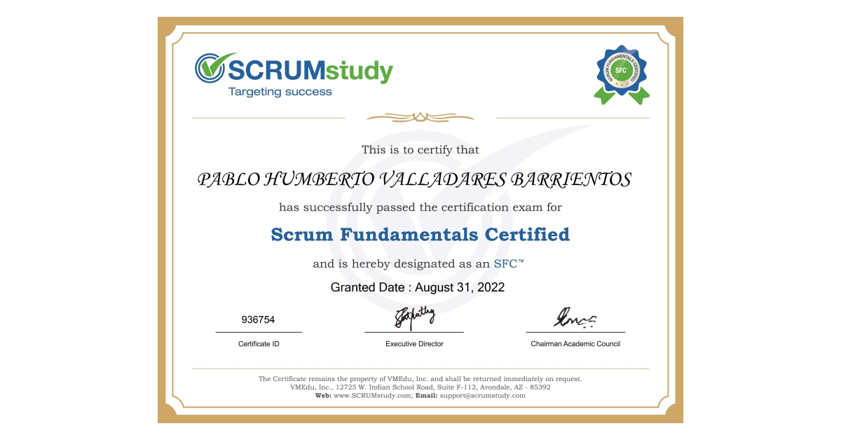I passed the Scrum Fundamentals Certified certification exam!