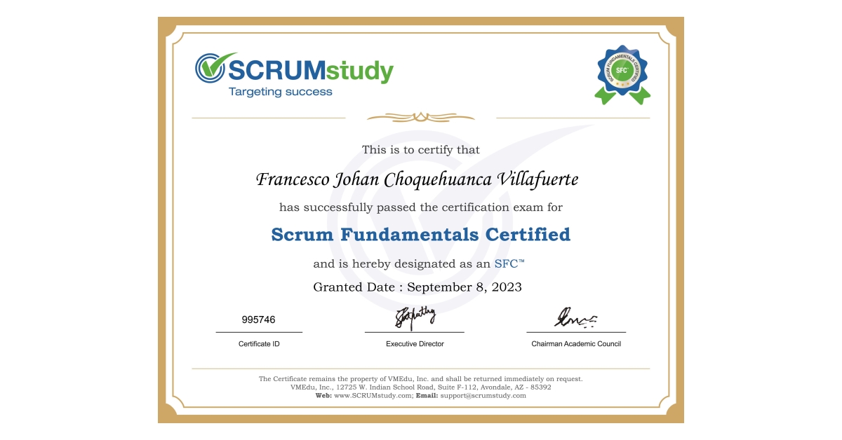 I passed the Scrum Fundamentals Certified certification exam!