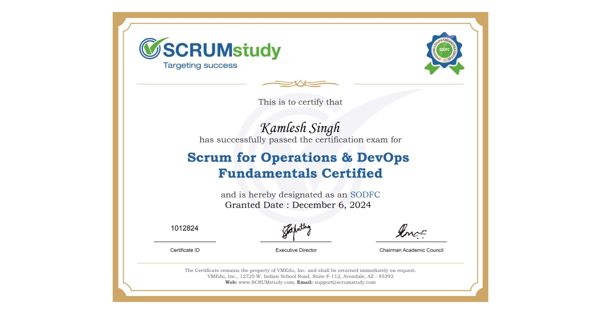 I passed the Scrum for Operations and DevOps Fundamentals Certified certification exam!