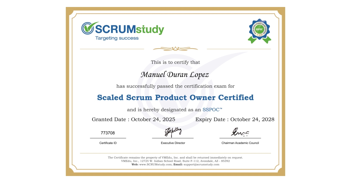 I passed the Scaled Scrum Product Owner Certified certification exam!