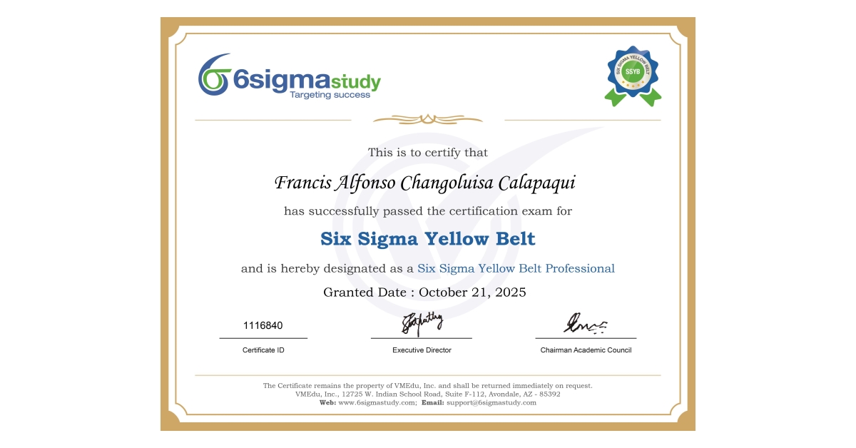 I passed the Six Sigma Yellow Belt certification exam!