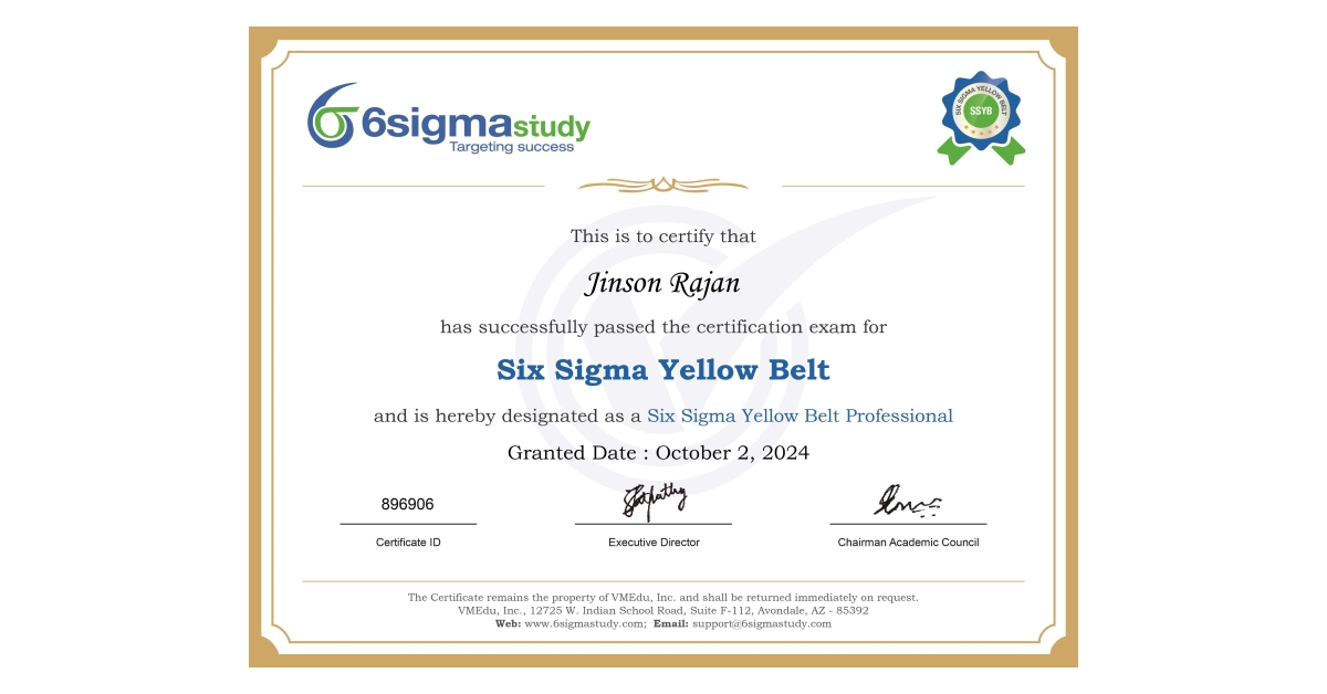 I passed the Six Sigma Yellow Belt certification exam!